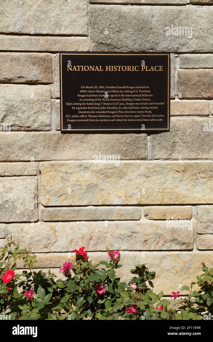Memorial sign at the site where Ronald Regan was shot at Washington ...
