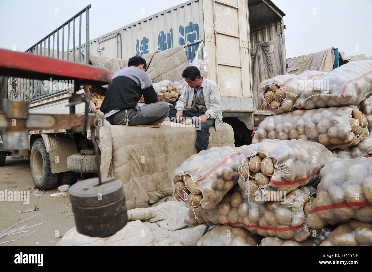 Two men are playing cards at the rear of a truck in front of a load of ...