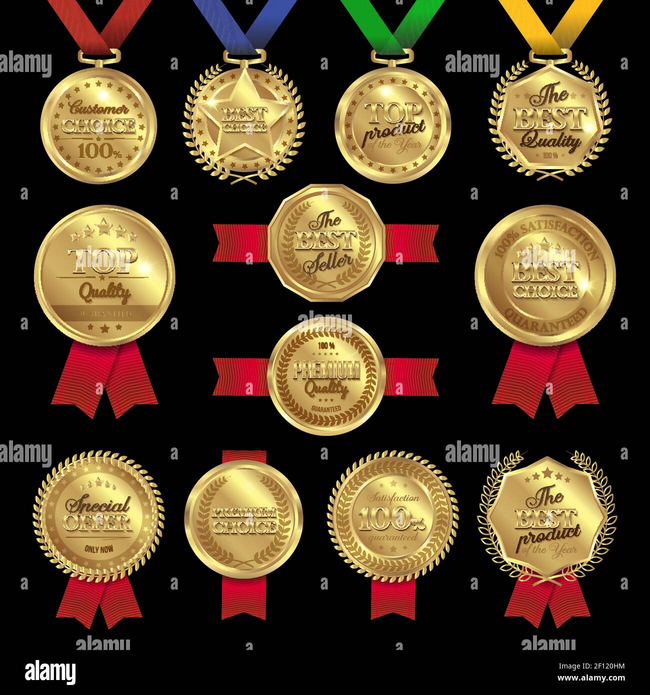 Isolated golden medal prize set with best choice top quality special ...