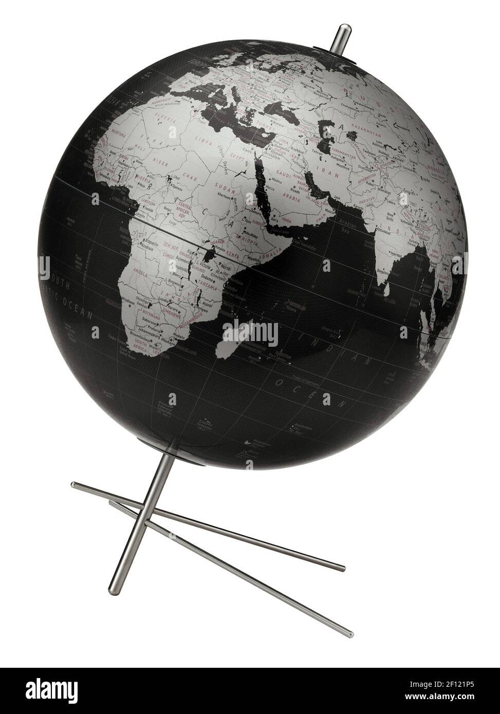 The dark gray orb with silver continents and stainless steel base is an ...