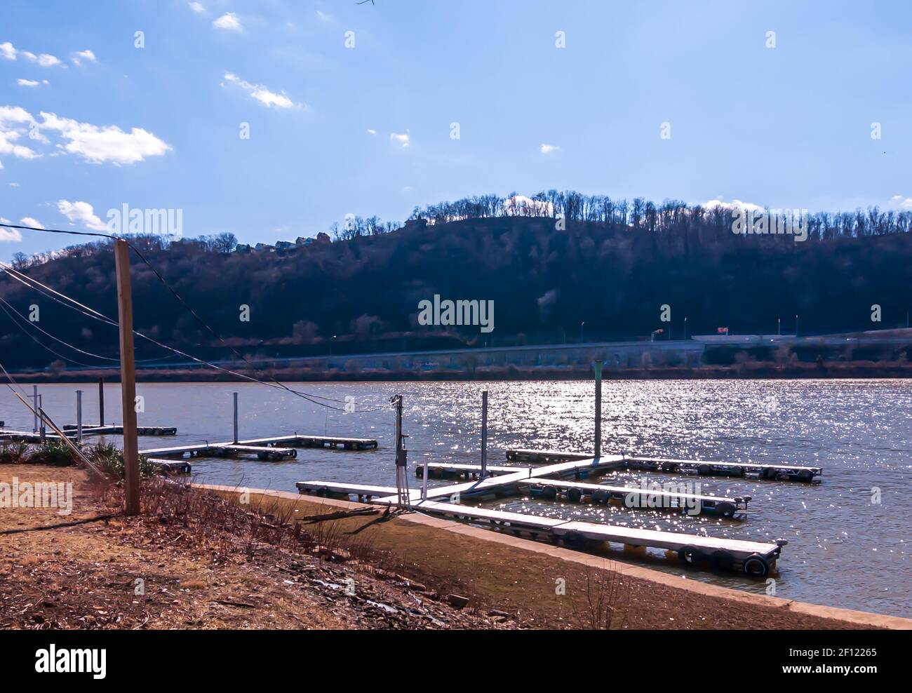 An empty marina on the Ohio river on a sunny spring day, Pittsburgh ...