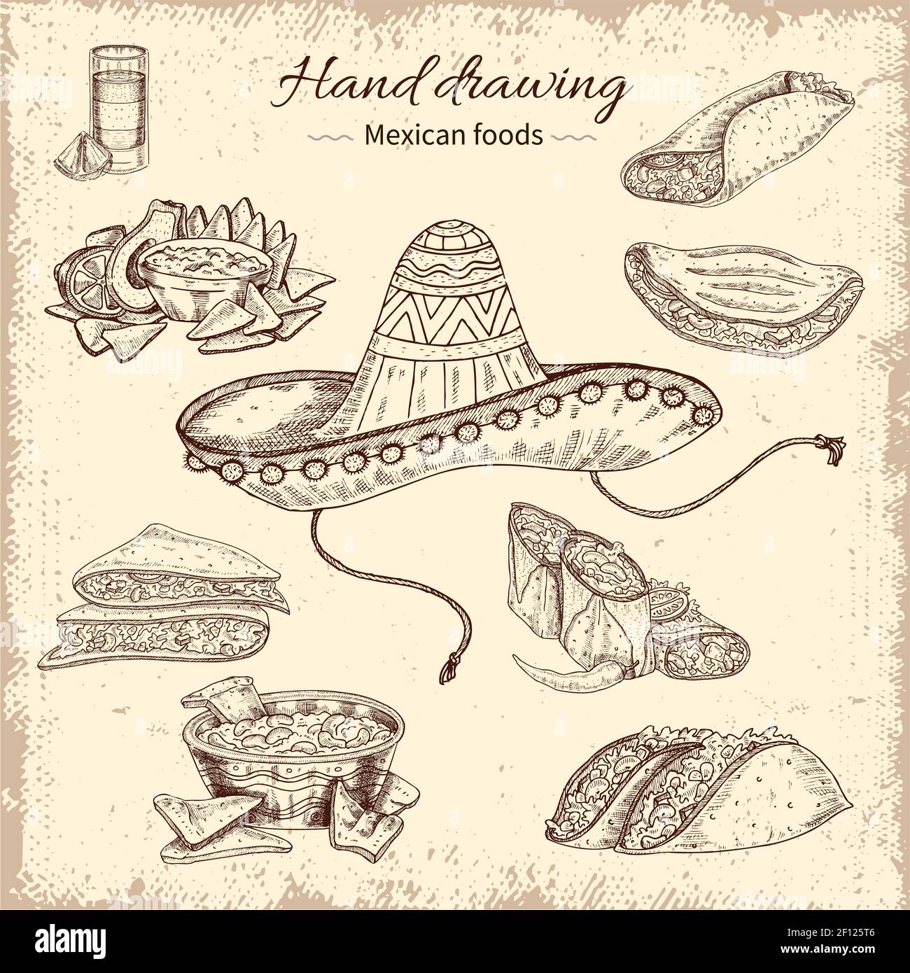 Mexican food hand drawn design with sombrero tortilla soup taco and ...