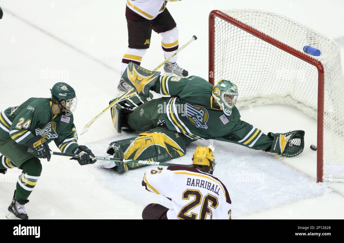 Alaska Anchorage goaltender Bryce Christianson couldn't reach the far ...