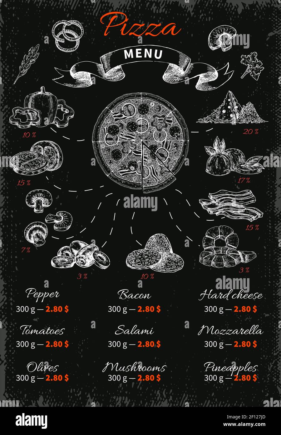 Hand drawn pizza infographics menu with filler ingredients isolated ...