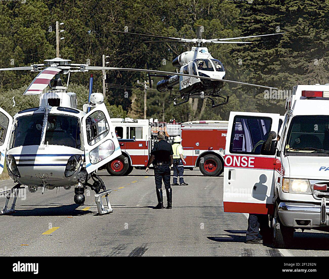 The Calstar chopper from Salinas descends onto Highway 1 to transport ...