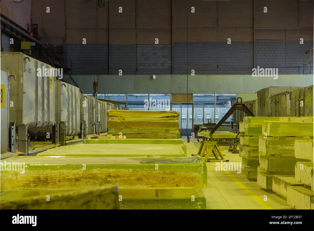 Warehouse of manufactured glass, glass billets, control room Stock ...