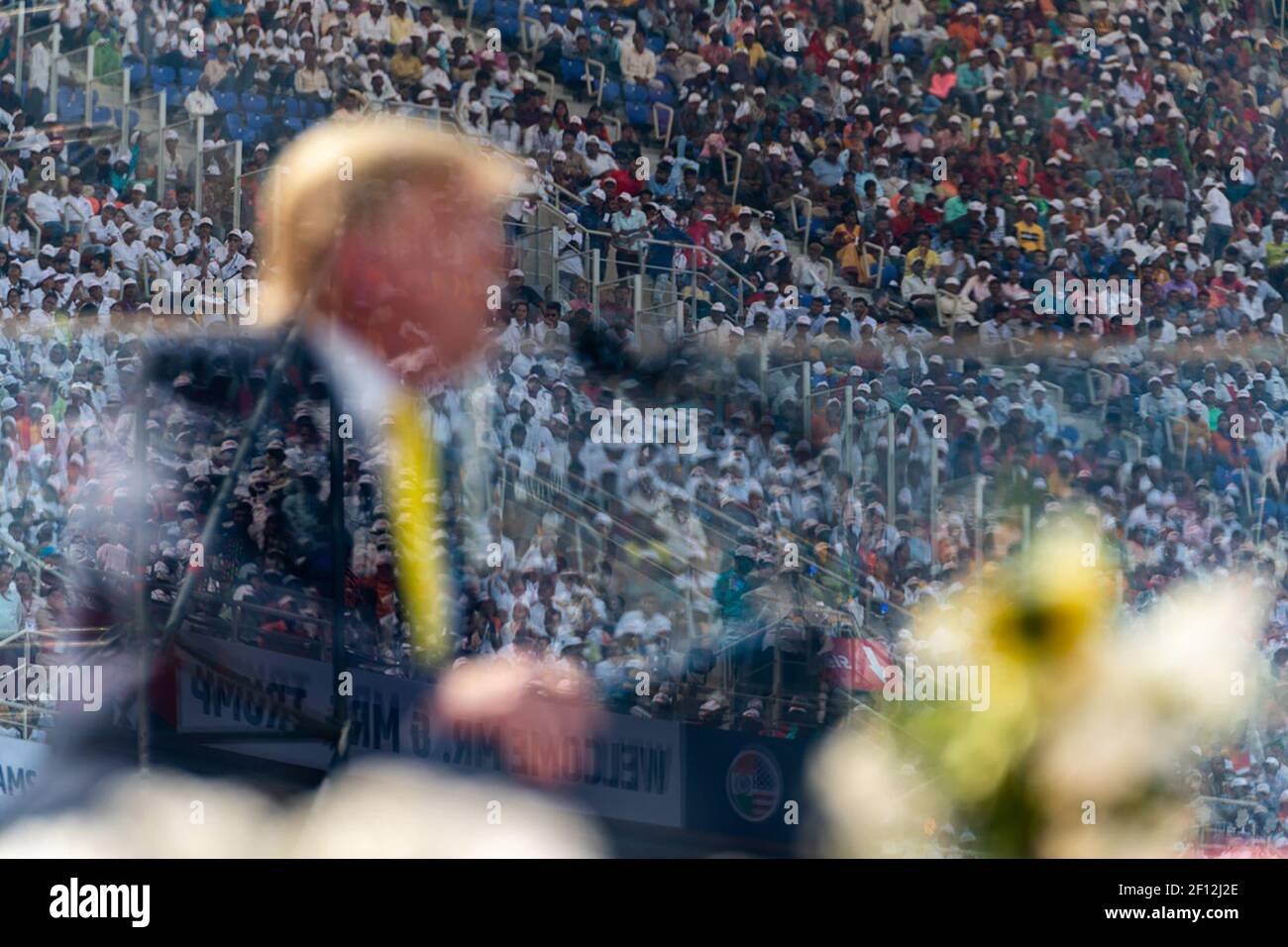 President Donald Trump addresses his remarks at the Namaste Trump Rally ...
