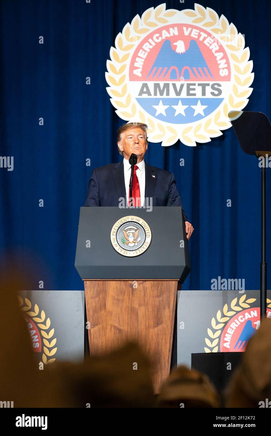 President Donald Trump delivers remarks at the American Veterans 75th ...