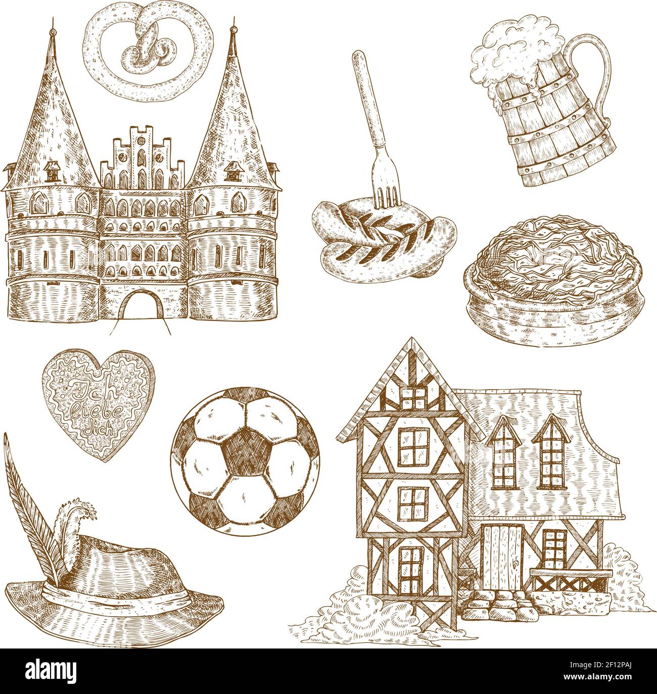 Hand drawn germany icon set with isolated images of house front ...