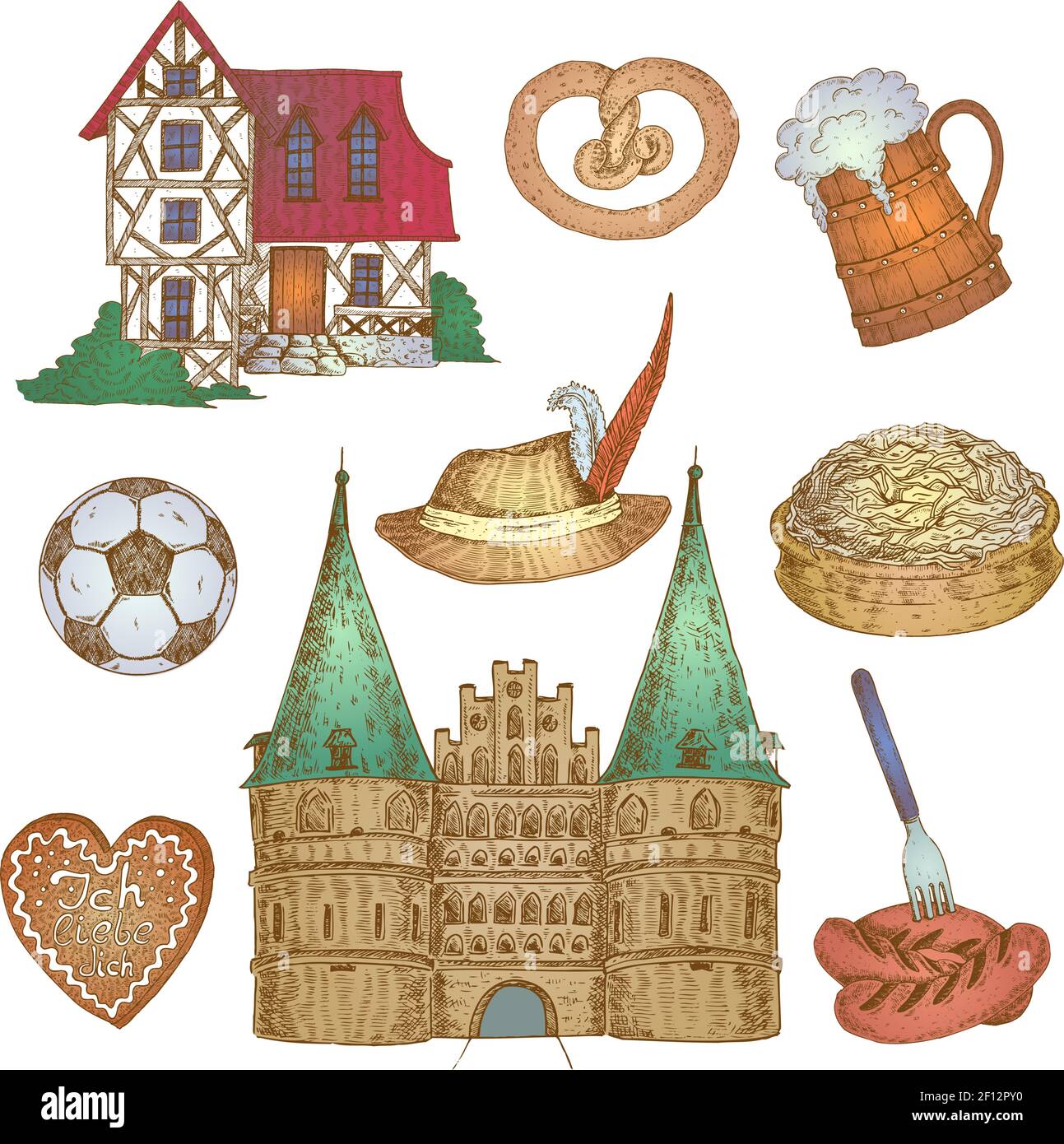 Nine isolated hand drawn germany decorative elements set with ...