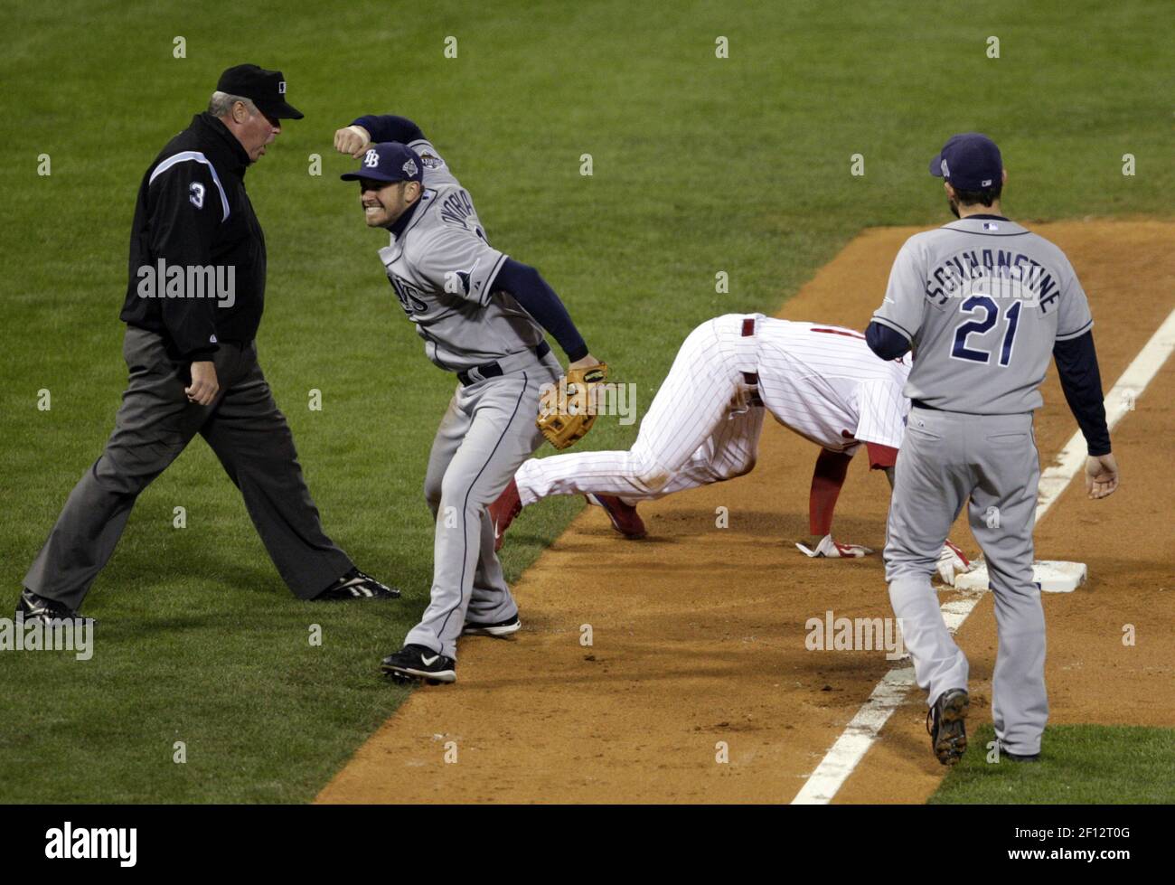 Tampa Bay Rays third baseman Evan Longoria reacts to a call from third ...