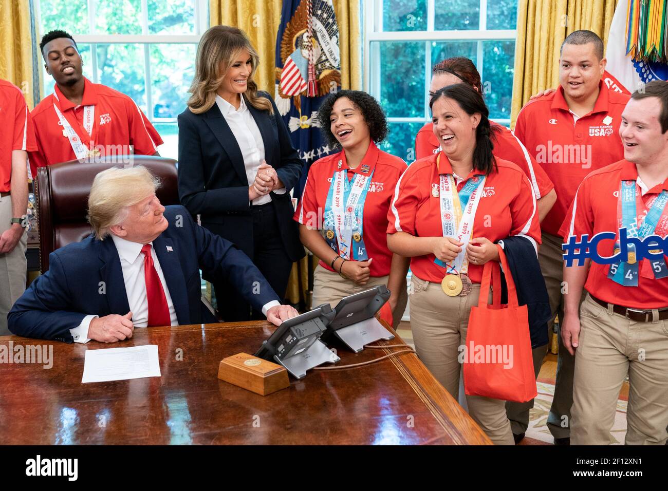 President Donald Trump and First Lady Melania Trump meet with members ...