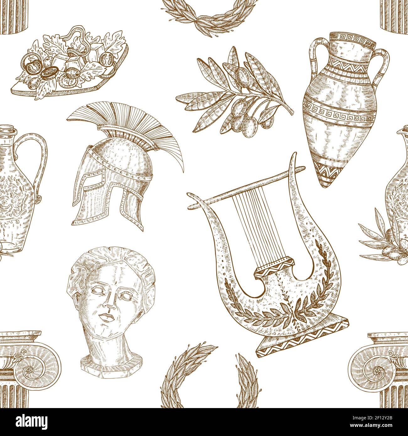 Hand drawn greece seamless pattern with isolated decorative elements ...