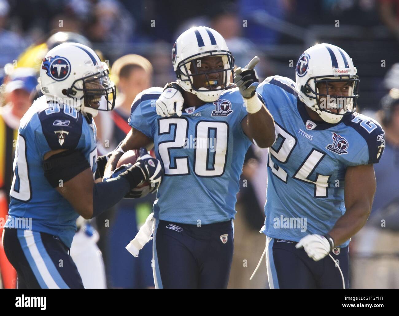 Nick Harper (20) of the Tennessee Titans celebrates his interception of ...