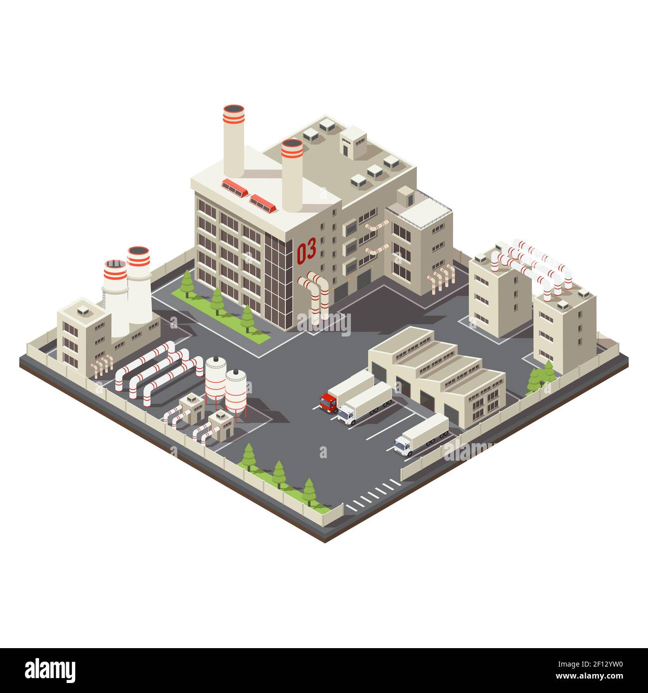 Colored factory industrial area isometric with an access area to the ...