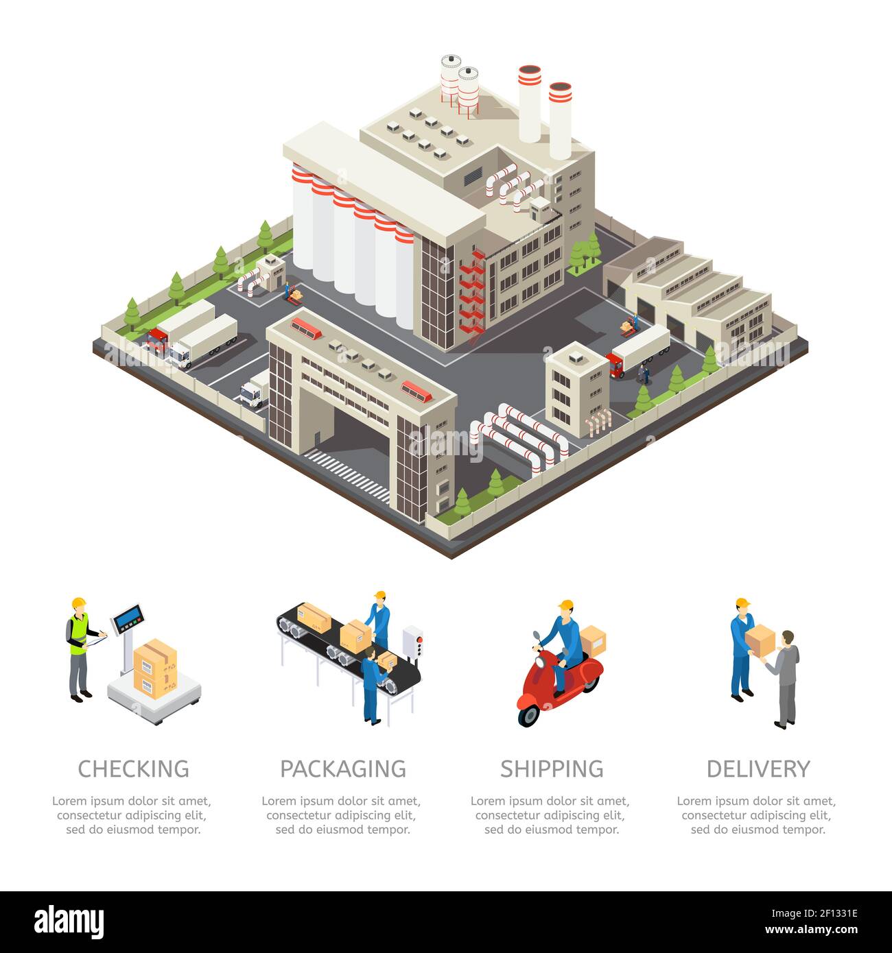 Colored factory isometric composition with checking packaging shipping ...