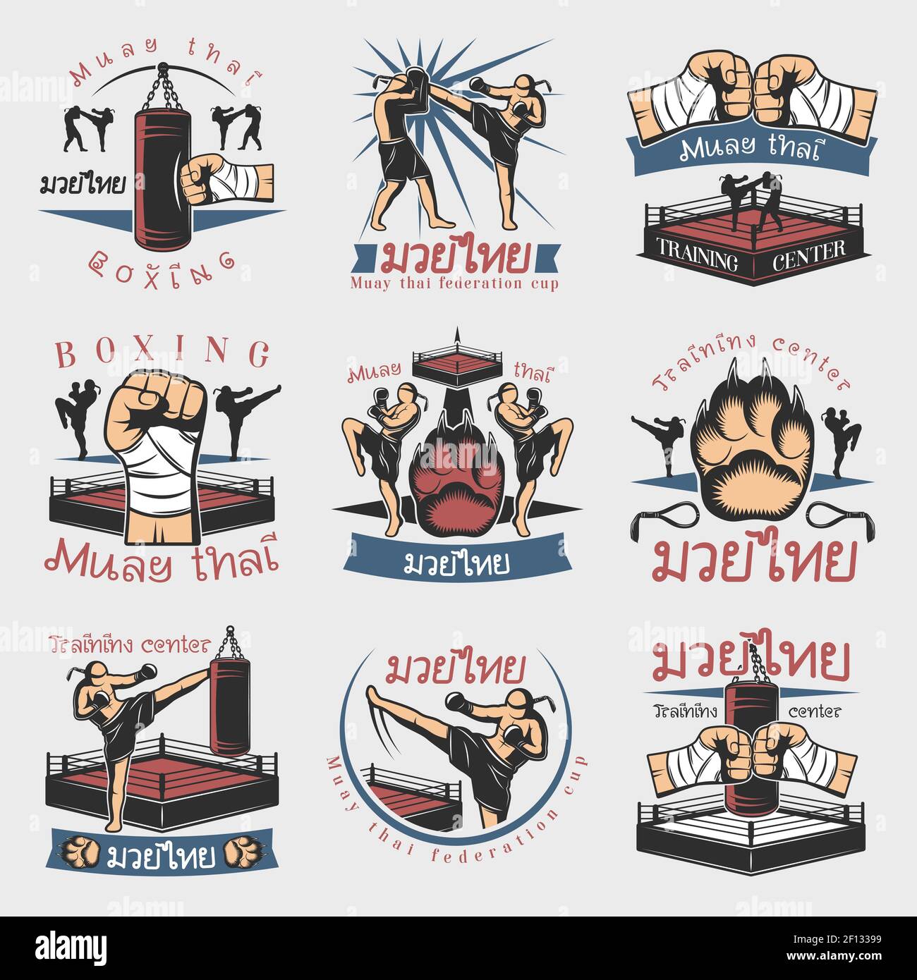 Isolated muay thai boxing style emblems with fist symbols fighter ...