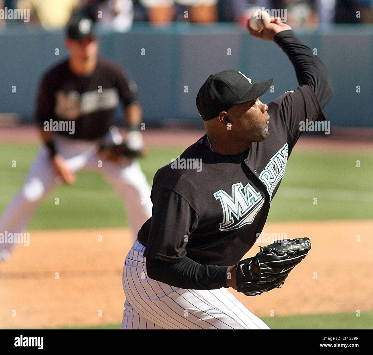 Florida Marlins pitcher Arthur Rhodes throws his last strike against ...