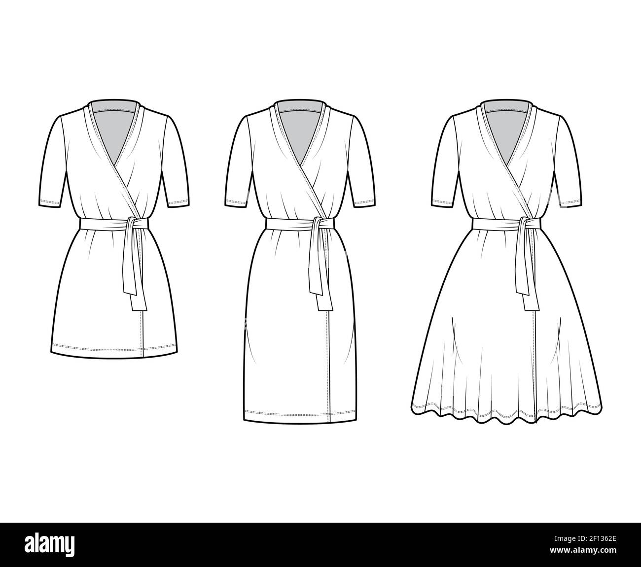 Set of Wrap dresses technical fashion illustration with deep V-neck ...