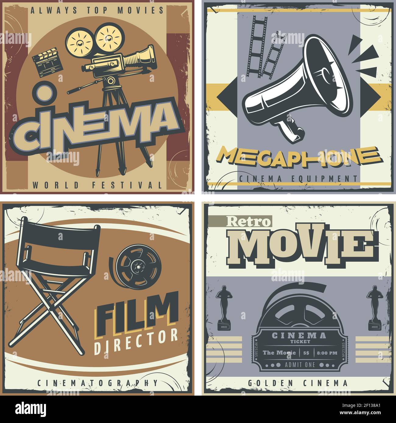 Four squares composition in retro style with cinema movie making ...