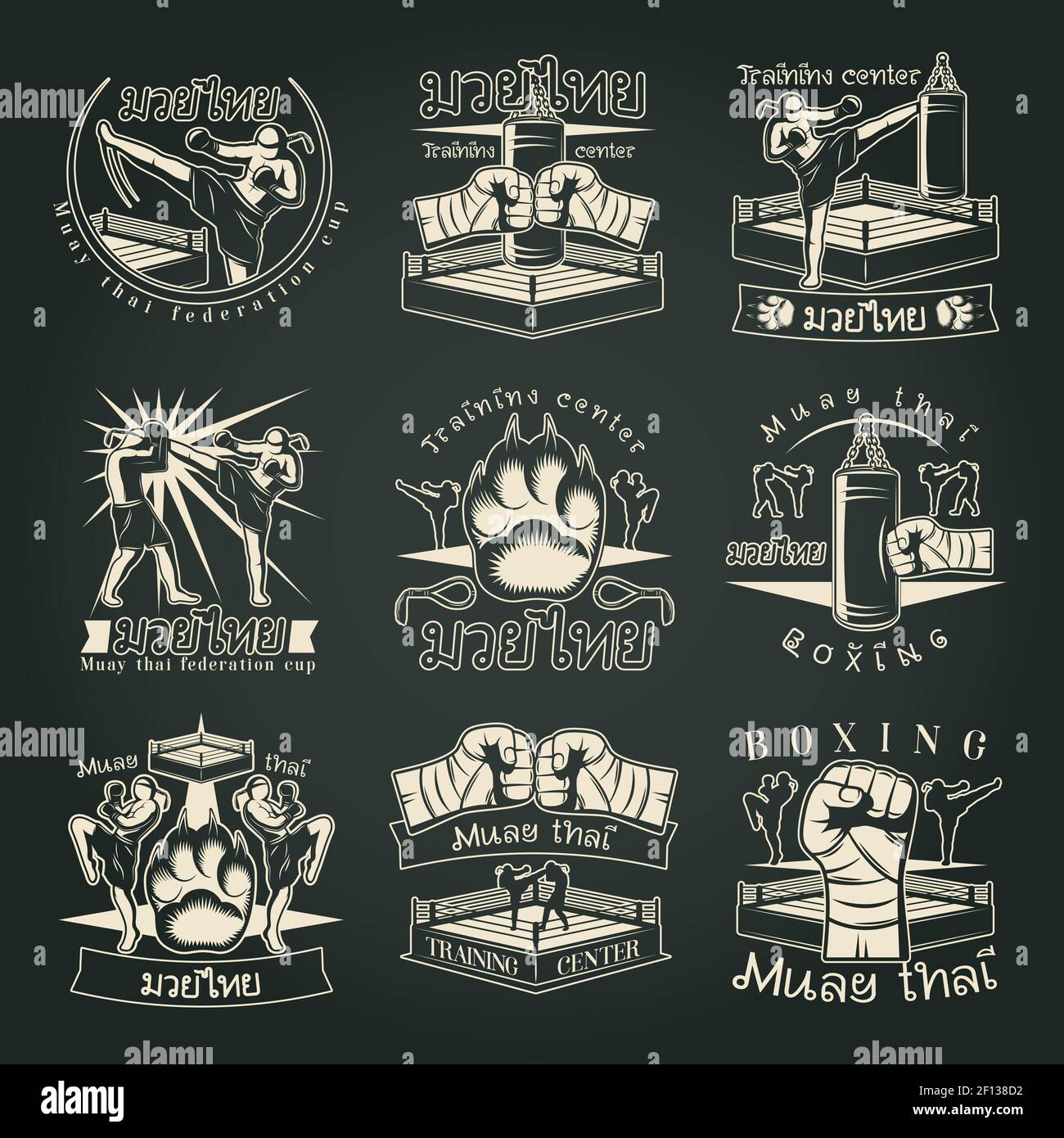 Isolated kickboxing emblems set with muay thai symbolics and fight ...