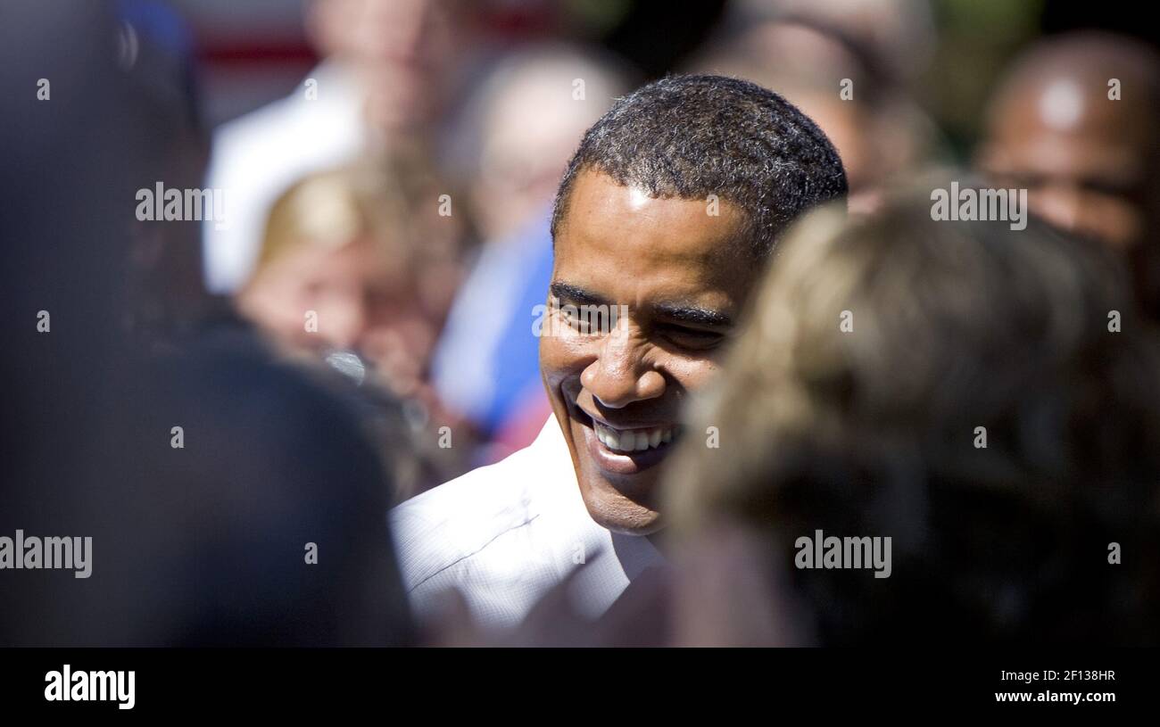 Democratic presidential nominee Sen. Barack Obama smiles as he greats ...