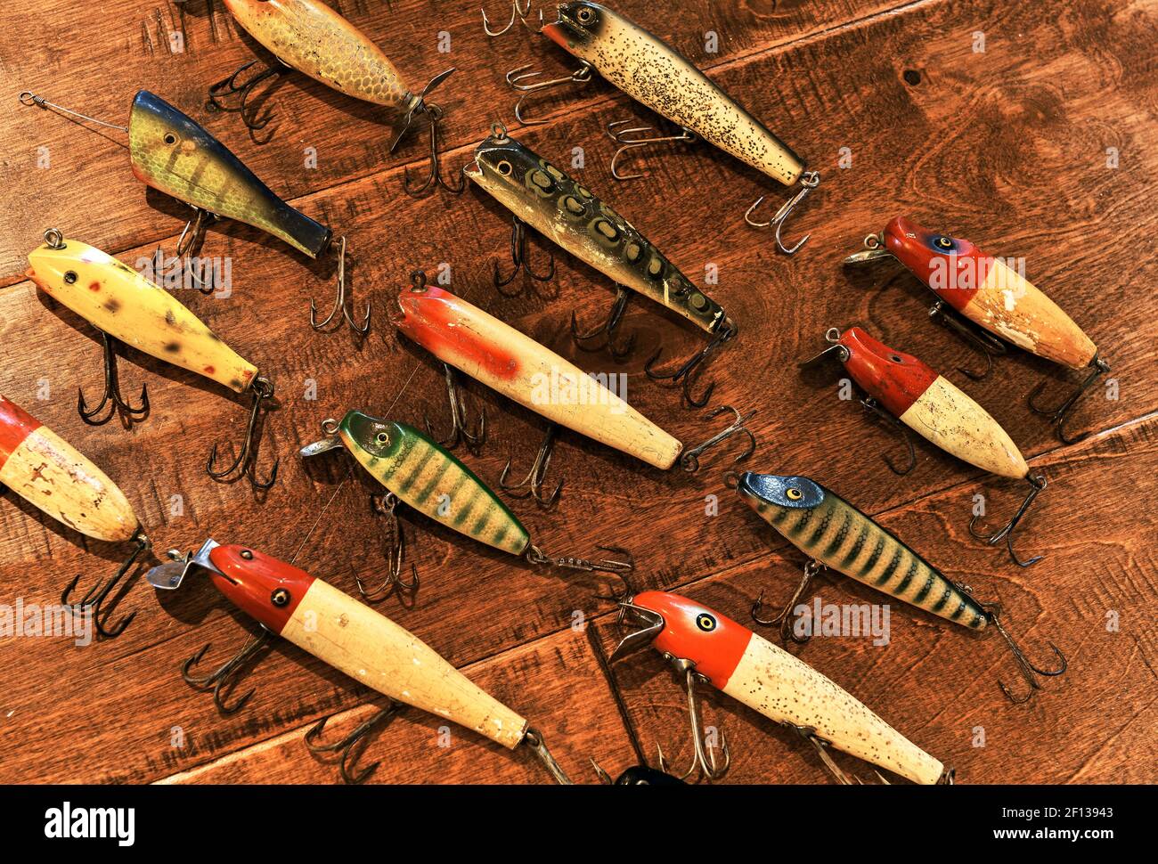 Wooden vintage colorful fishing lures Stock Photo - Alamy