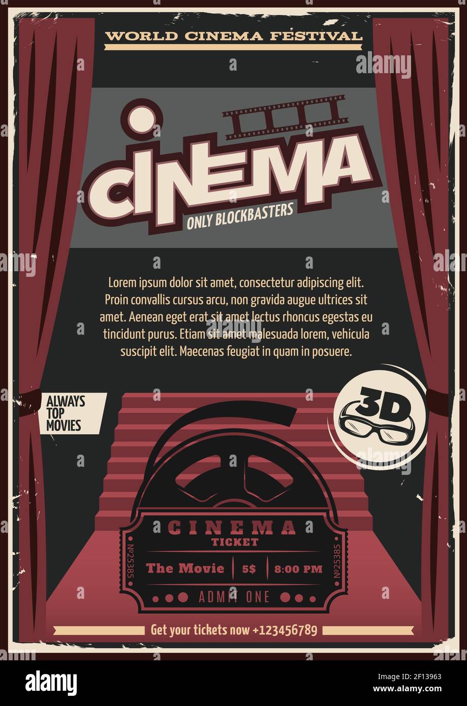 Colorful cinema festival poster with cartoon style red curtain carpet ...