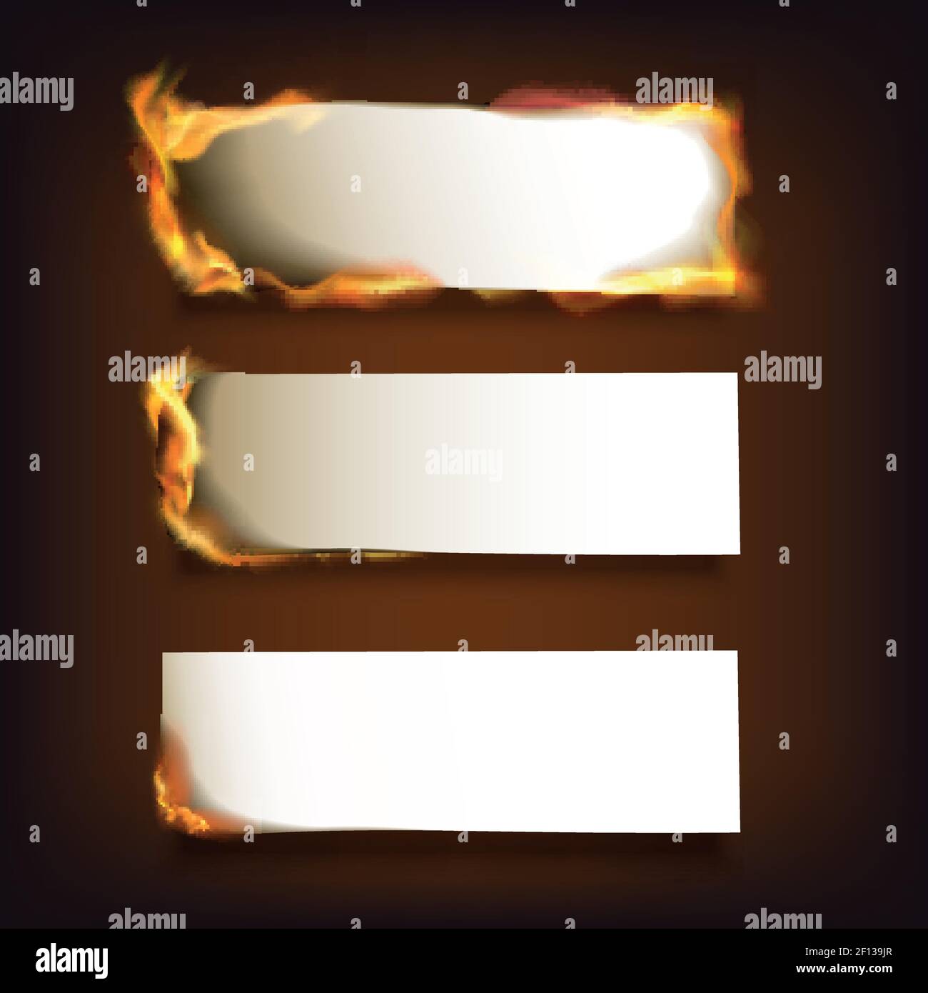 Burning blank paper sheets set with various degree of ignition on black ...