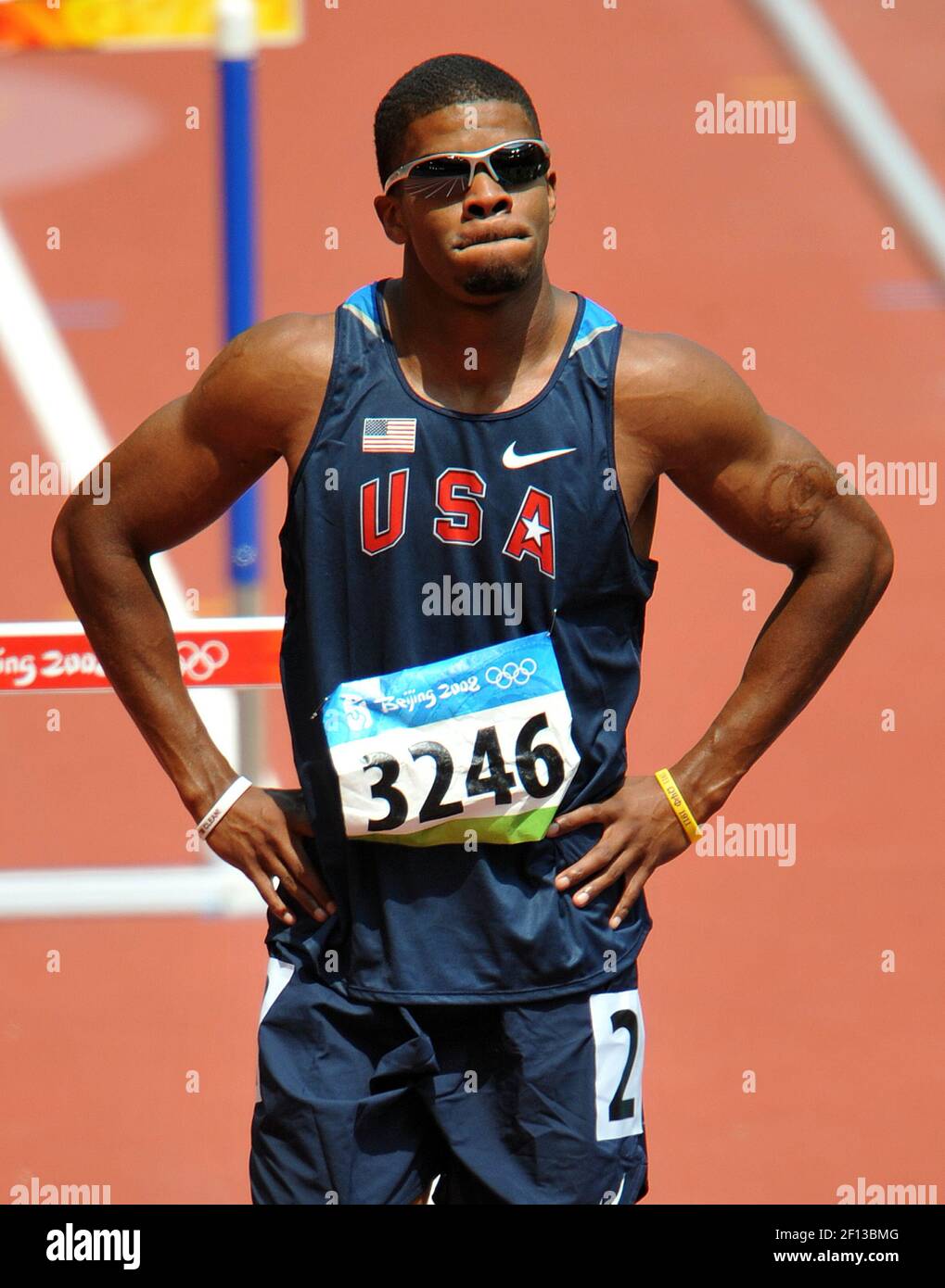 Terrence Trammel of the United States reacts after pulling up with an ...