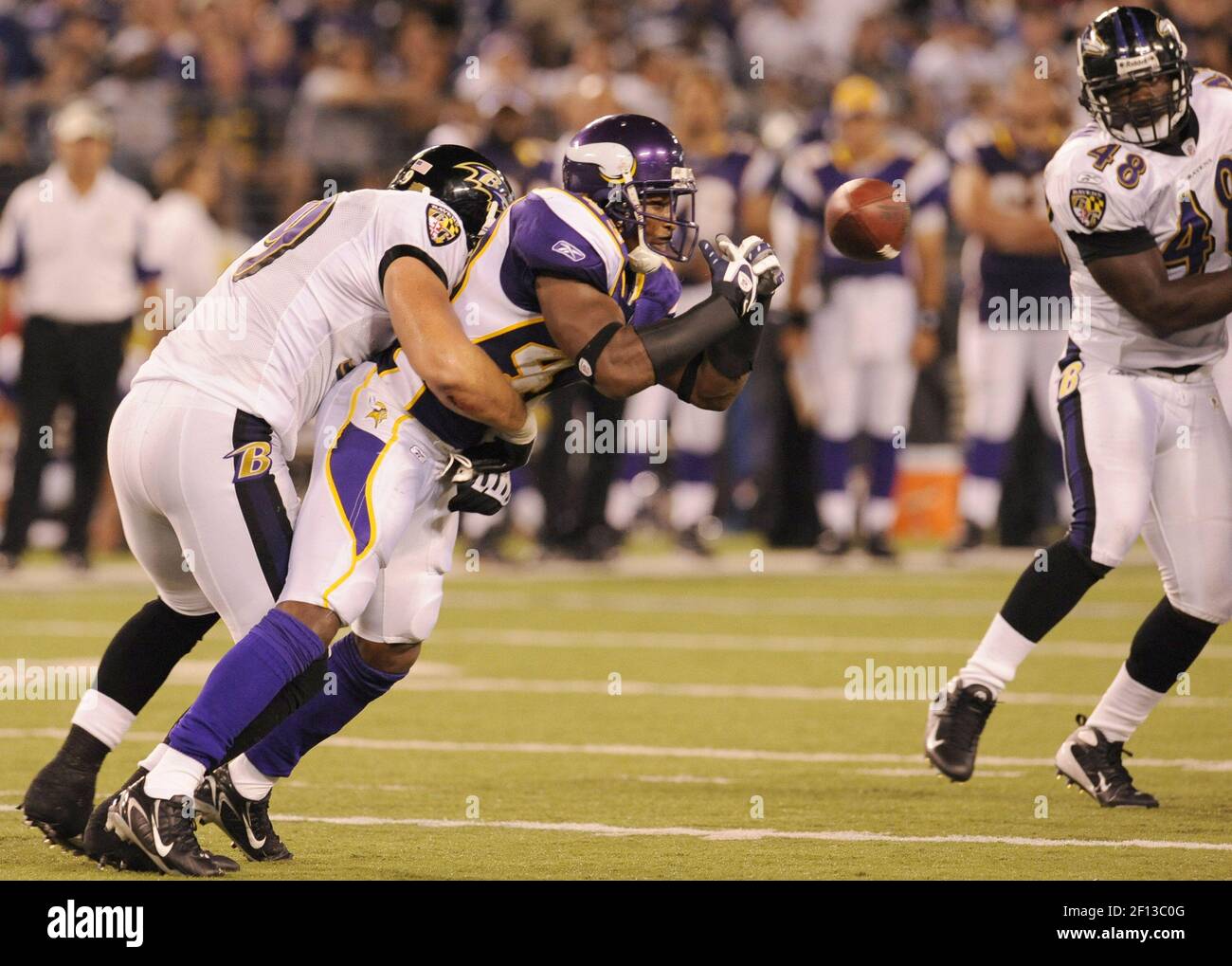 Baltimore Ravens linebacker Nick Greisen hits Minnesota Vikings running ...