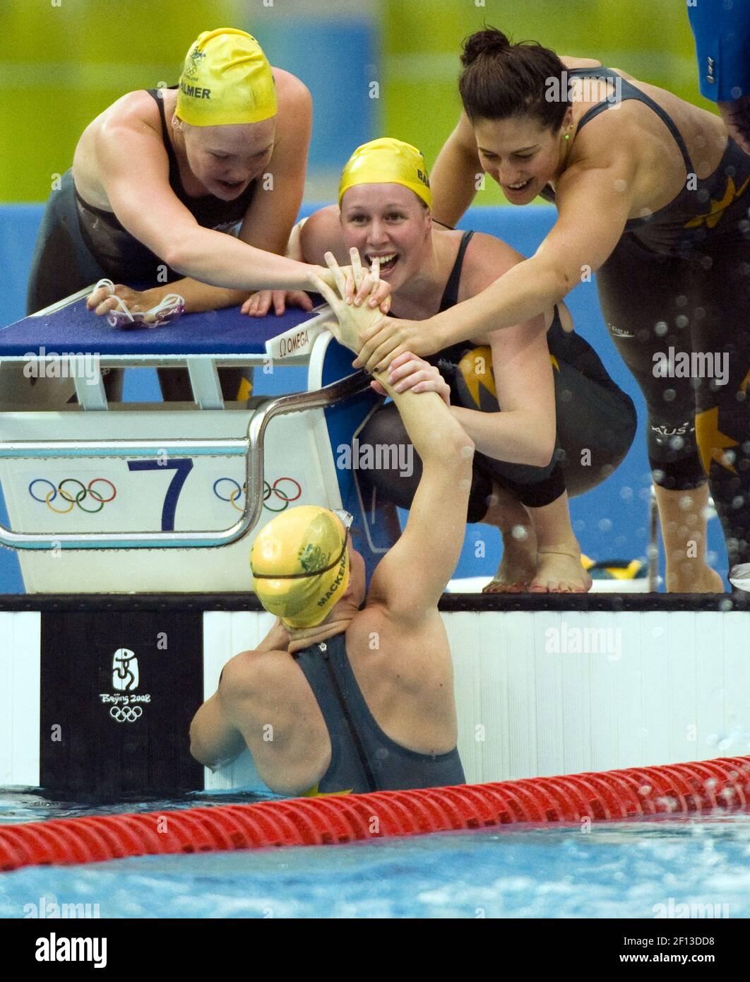 The Australian women celebrate their gold and world record in the 4x200-meter freestyle relay on ...