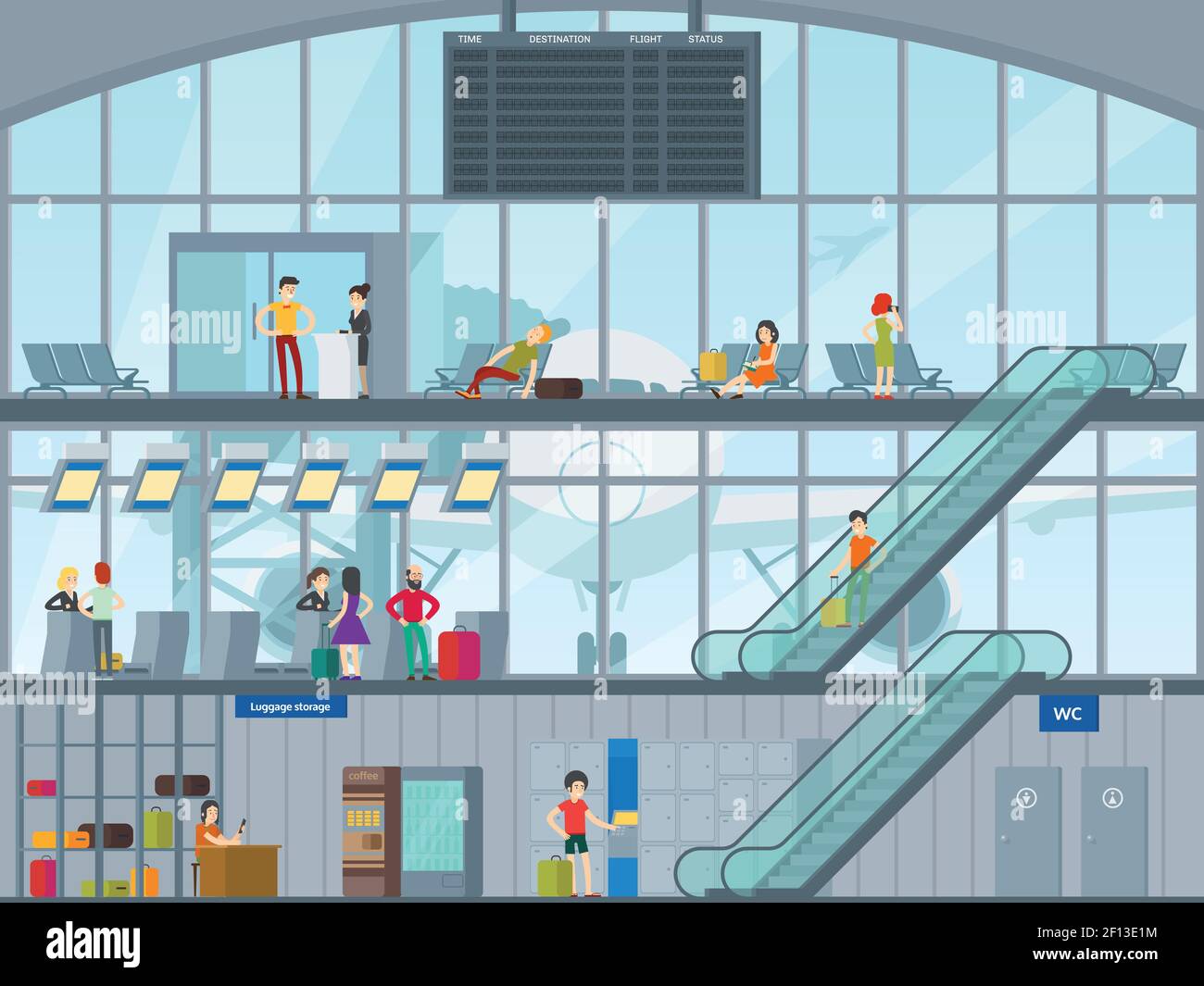 People in airport concept with passengers visiting luggage storage ...