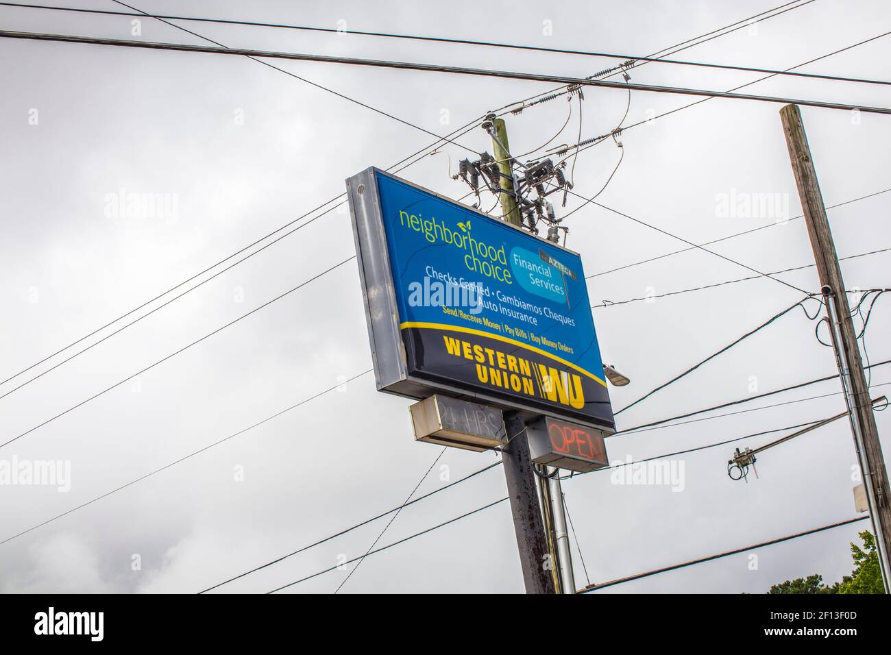 Decatur, Ga / USA - 07 07 20: View of urban landscape with sign, power ...