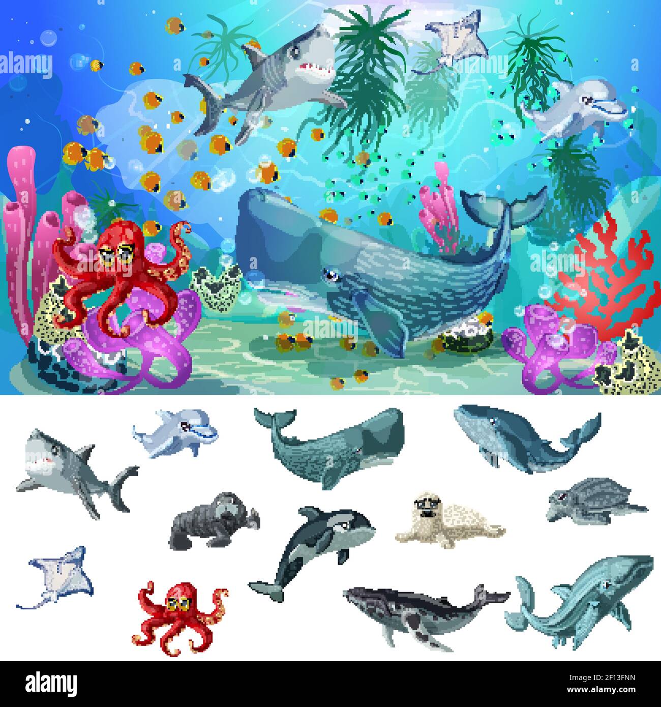 Cartoon sea and ocean fauna concept with underwater animals on colorful ...
