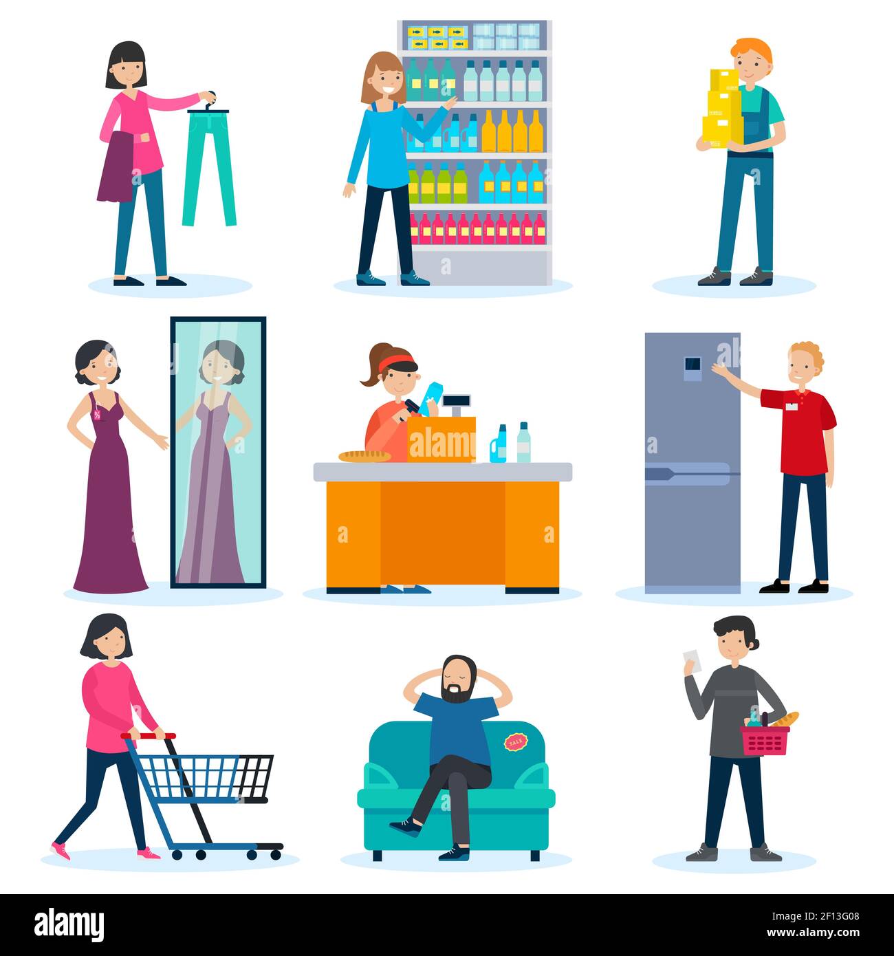 People in shop set with merchandiser loader cashier consultant and ...