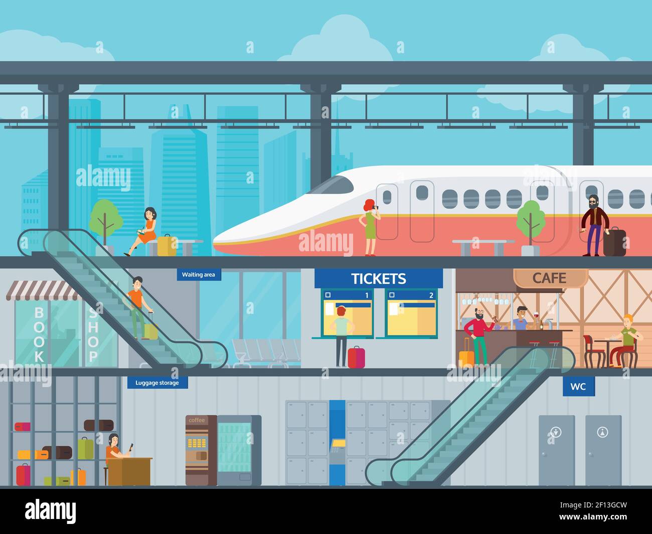 Colorful train station flat template with travelers ticket window cafe ...