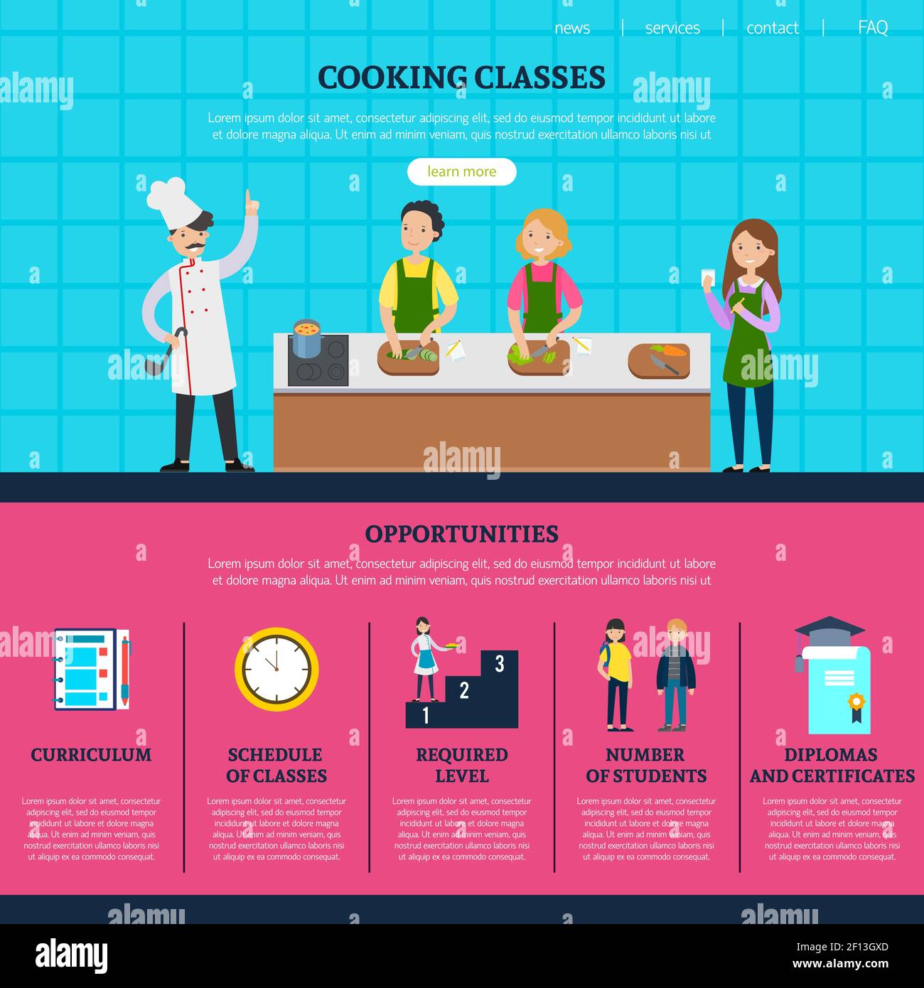 Colorful cooking classes web page template with people preparing ...