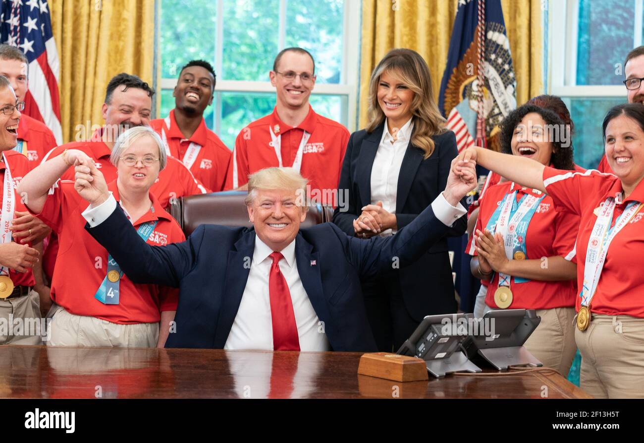 President Donald Trump and First Lady Melania Trump meet with members ...