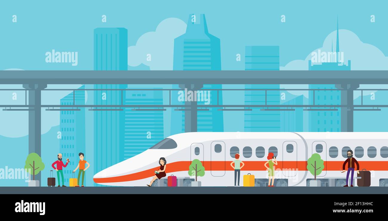 Colorful train station concept with passengers standing at platform in ...