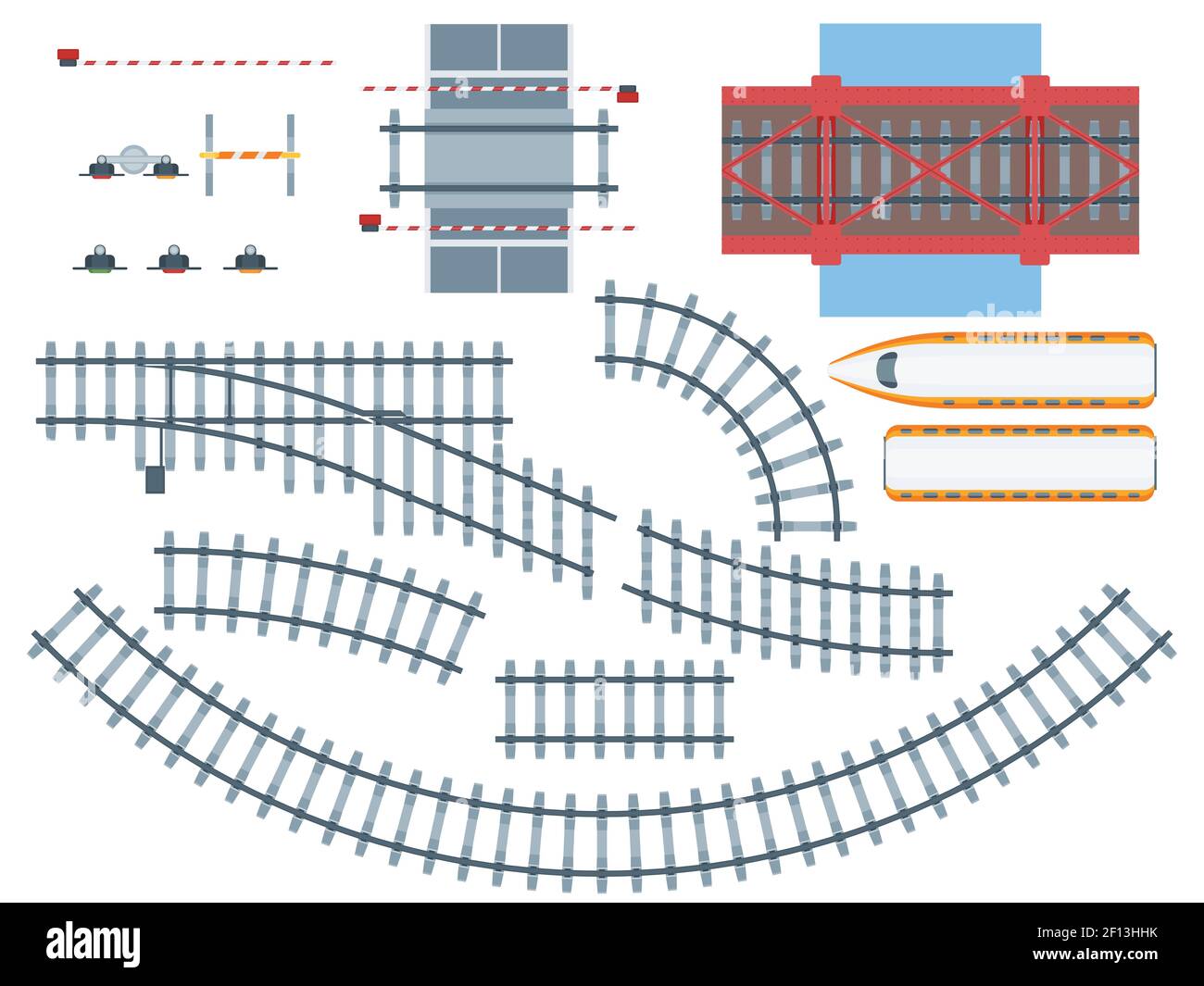 Flat railway elements set with train tracks of different shapes bridge ...