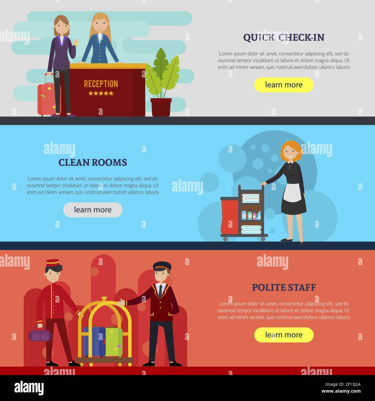 Hotel service horizontal banners with receptionist cleaning staff and ...