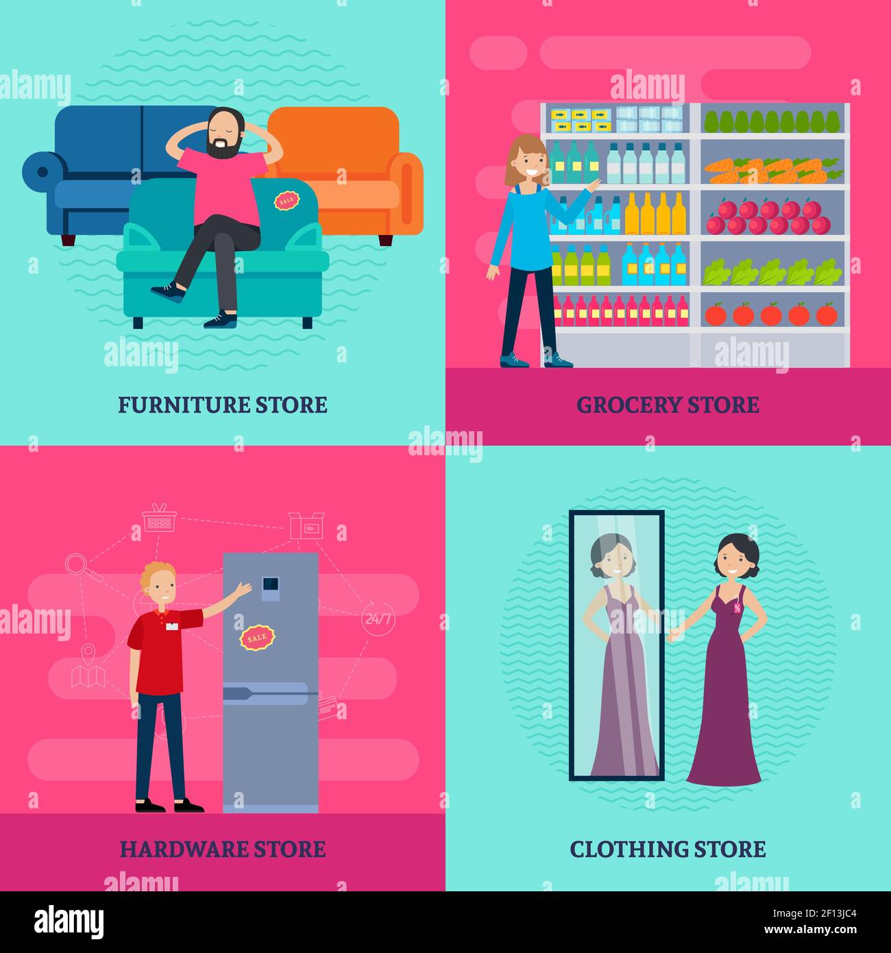 People in shop square concept with workers and customers in different ...