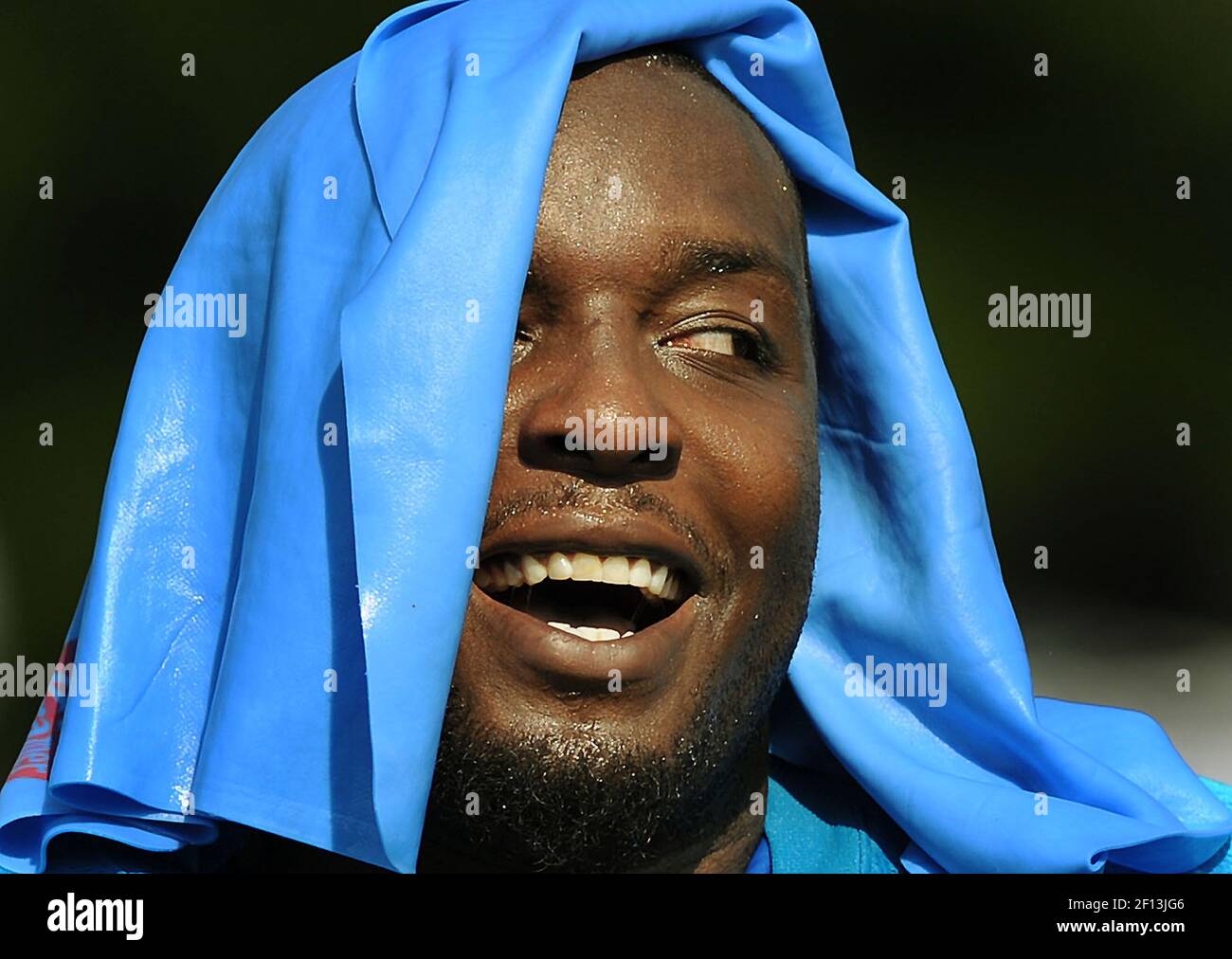 Carolina Panthers defensive end Charles Johnson enjoys a break during ...