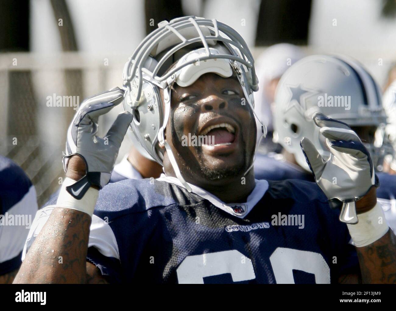 Dallas Cowboys' Tank Johnson yells at fans during the Cowboys' summer ...