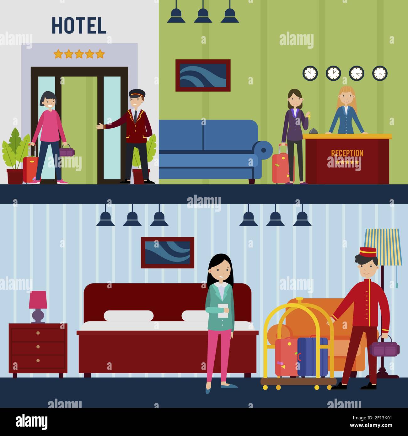People in hotel horizontal banners with doorman meeting customer polite ...