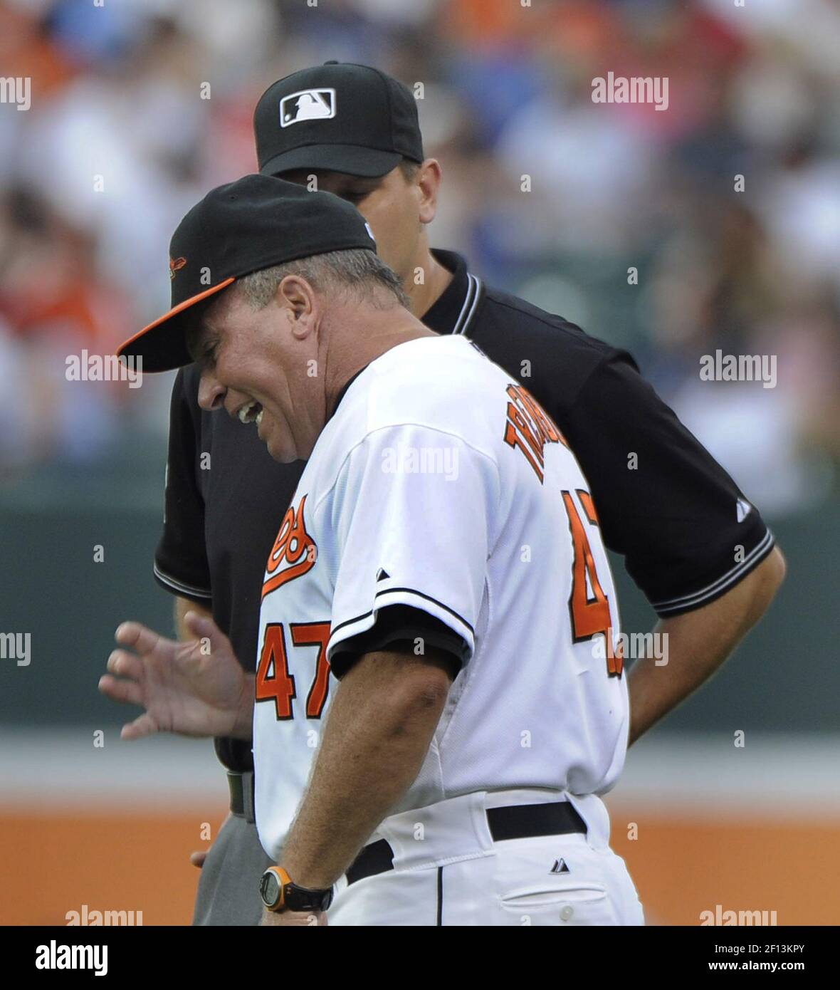 Baltimore Orioles manager Dave Trembley argues with first base umpire ...