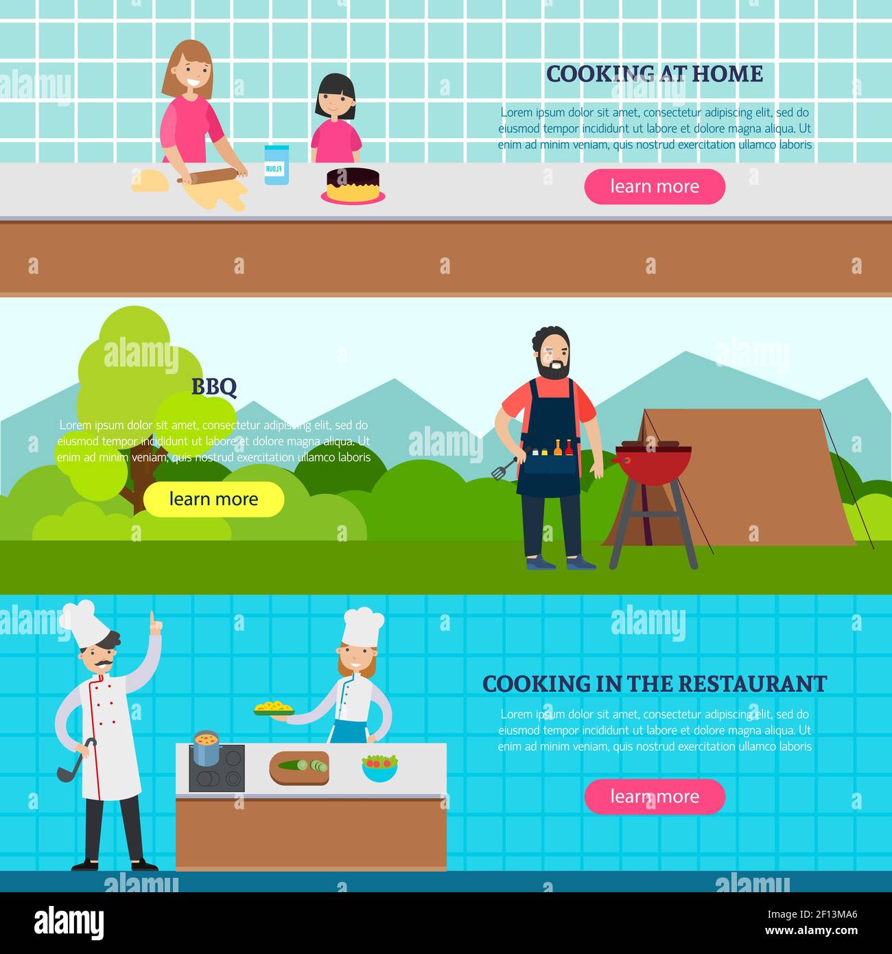 Cookery people horizontal banners with family cooking at home man ...