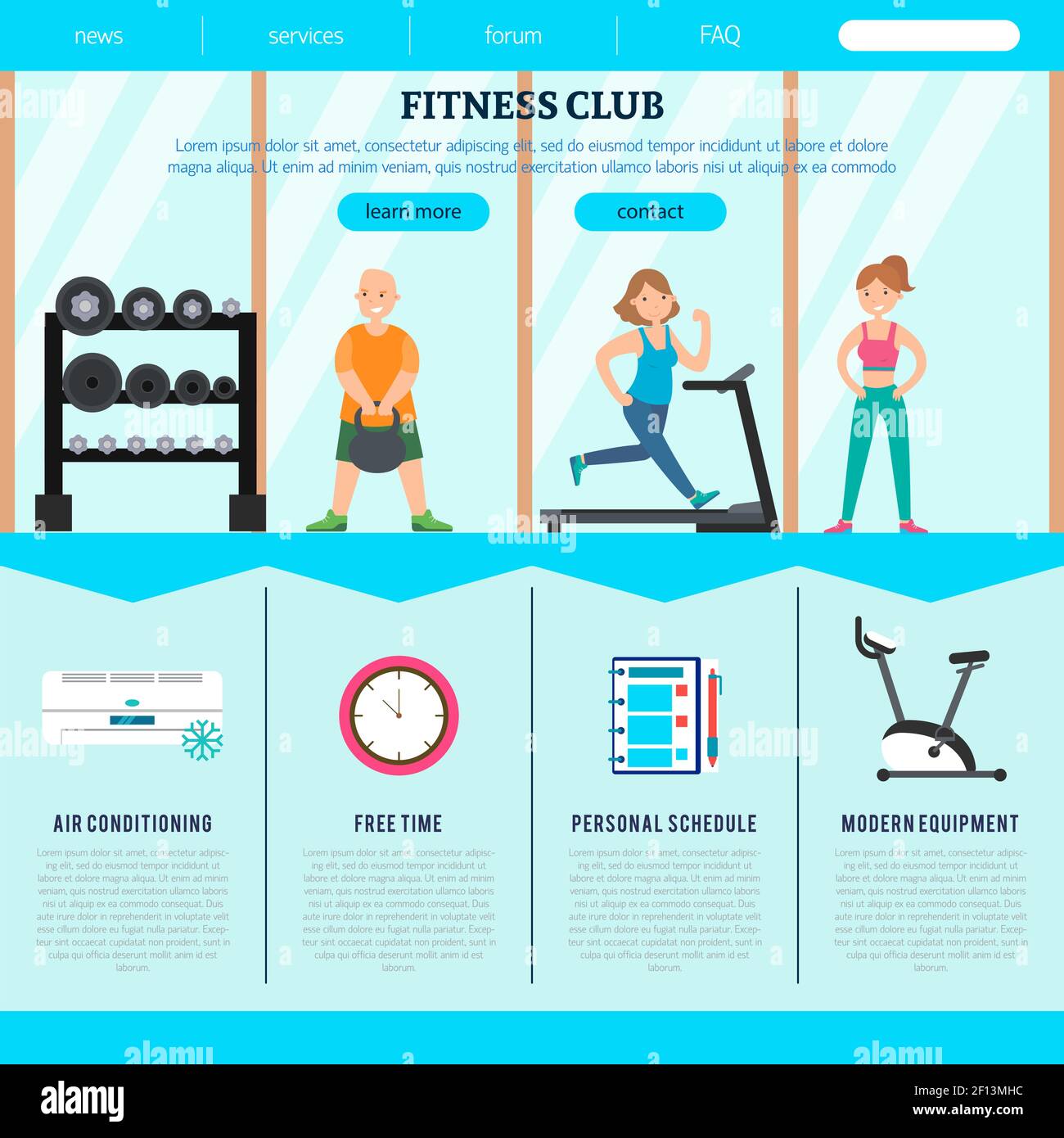 Flat fitness club web page template with athletic healthy people and ...