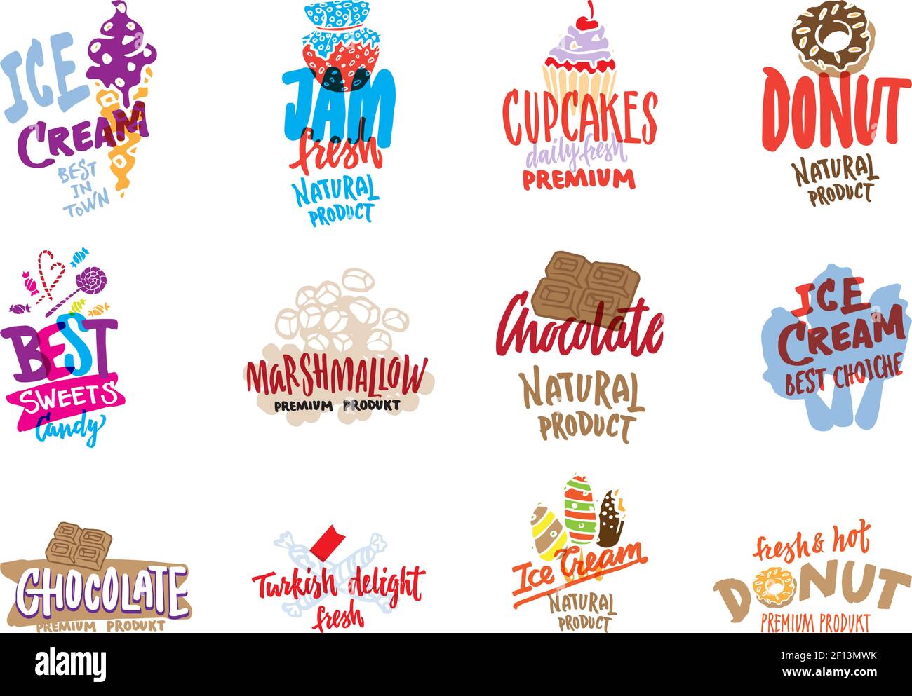 Sketch candies and sweets logos set with colorful handwritten ...